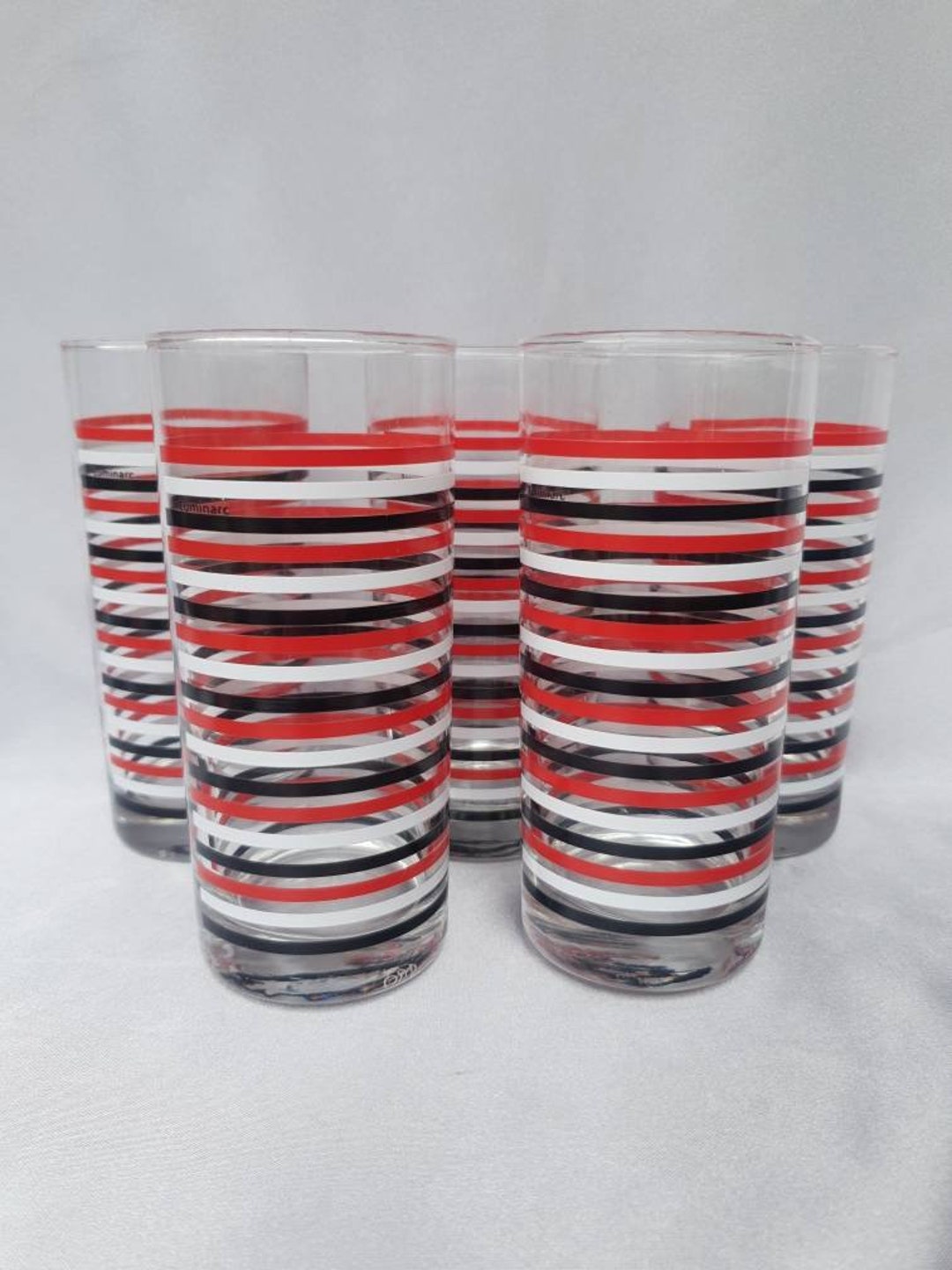 Set of 5 Retro Luminarc High Ball Glasses With Red, White and Black ...