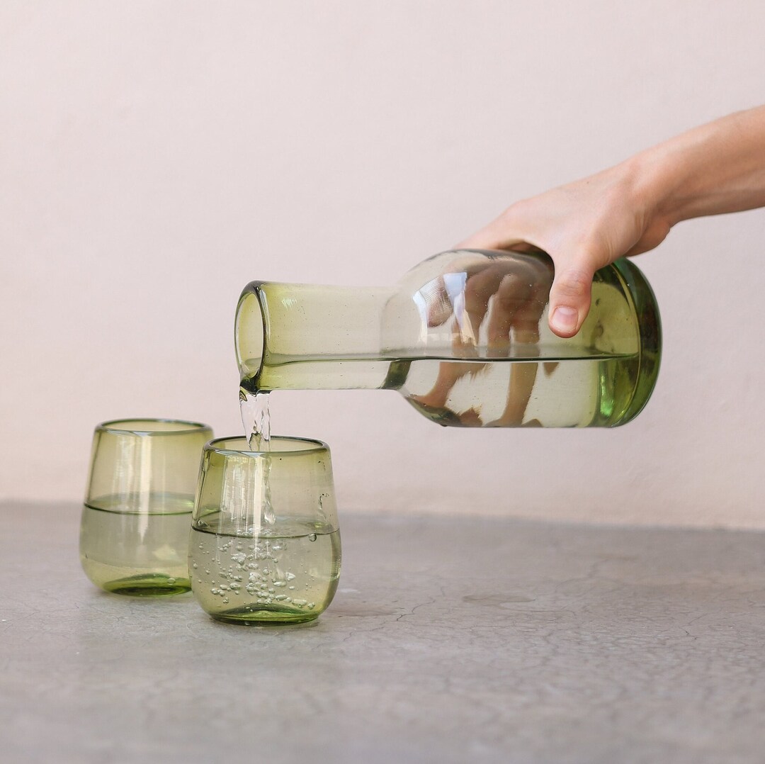 Nightstand Pitcher and Glass Set 3-piece Set Hand-blown Glassware Olive ...