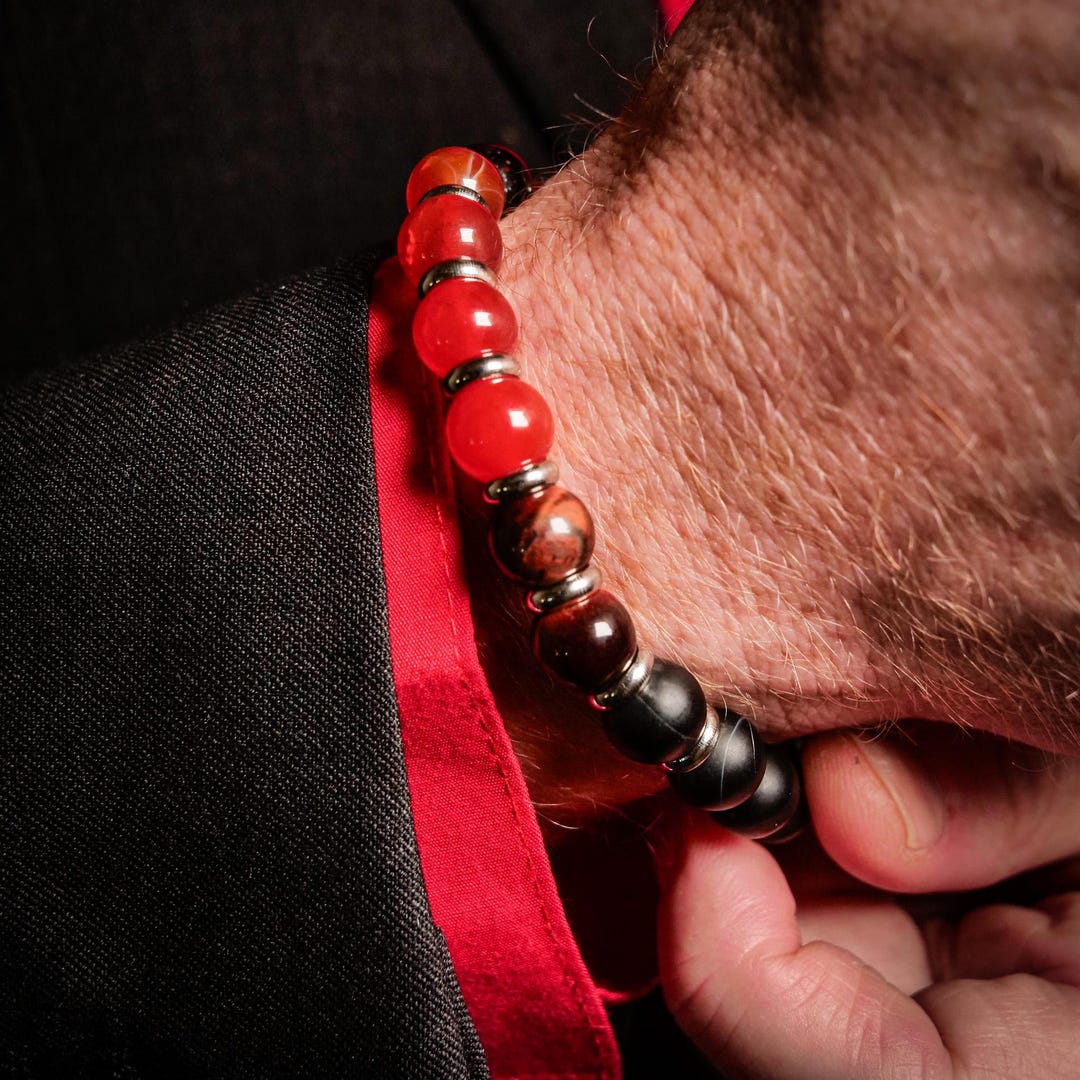 Houndoom Inspired Bracelet • Matte Onyx, Red Tiger’s Eye & Fire Agate ...