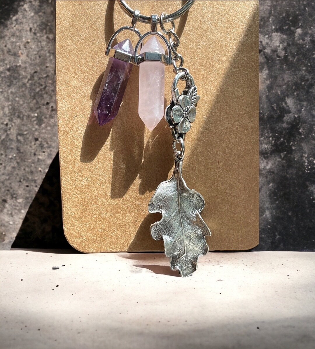 Rose Quartz Amethyst Keychain Antique Silver Plated Leaf Charm Keychain ...