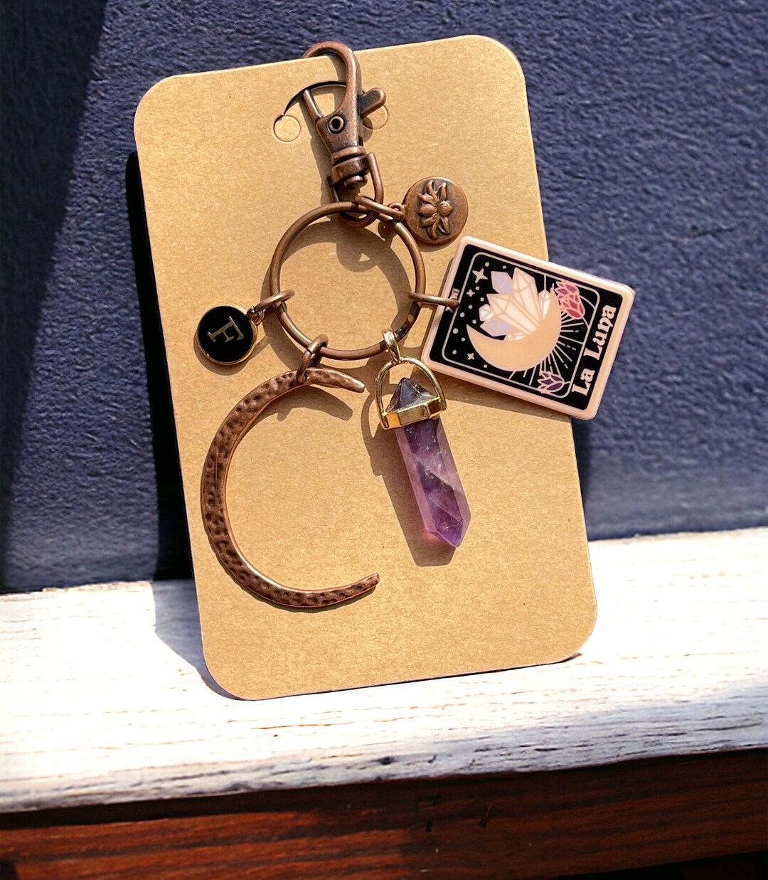 Rustic Celestial AMETHYST MOON Personalized Purse Charm, Lotus Key Ring, Car Charm, Stone Bag ...