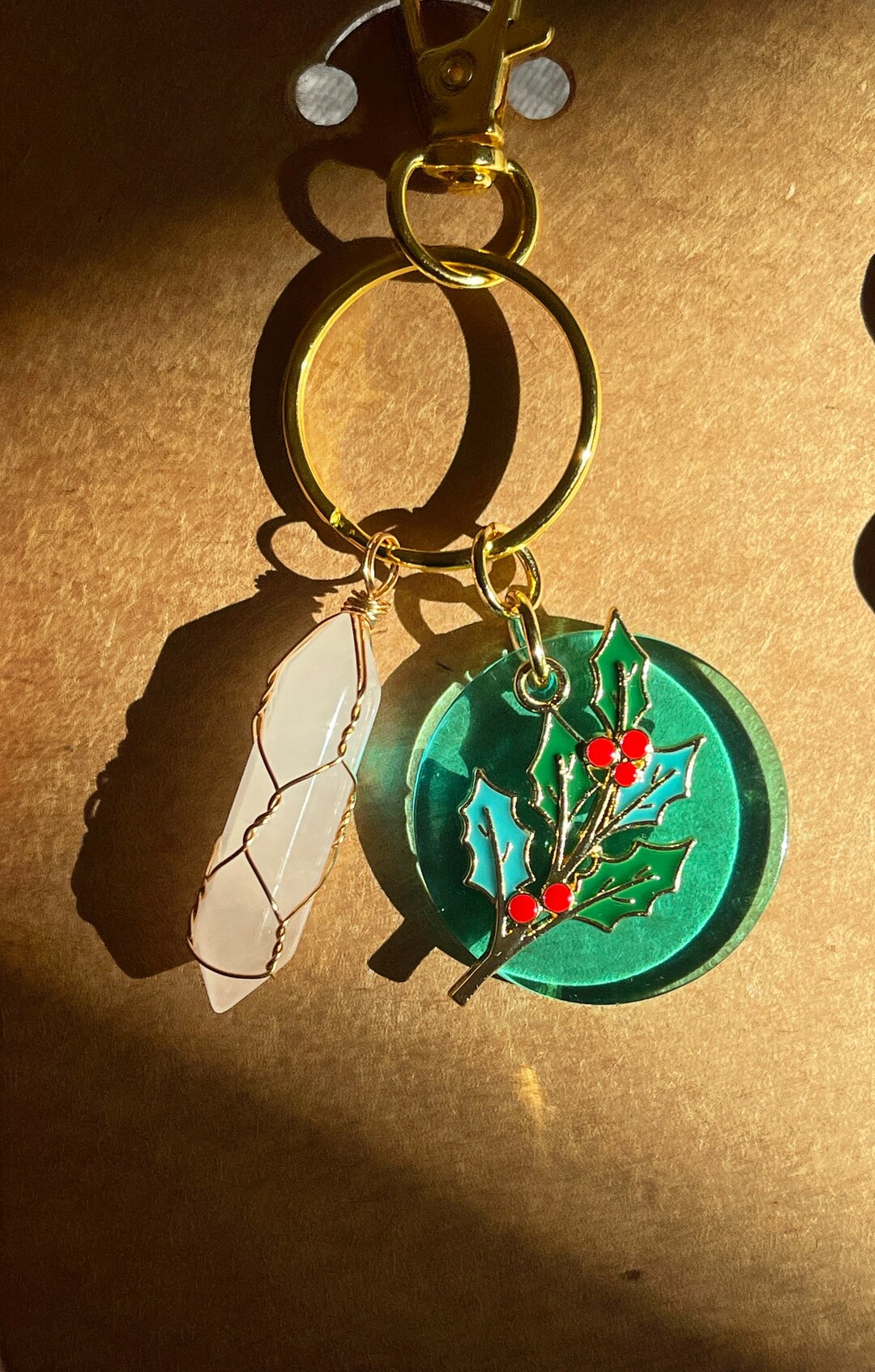 Holly Leaf Rose Quartz LOVE Energy Christmas Keychain 14k - Etsy