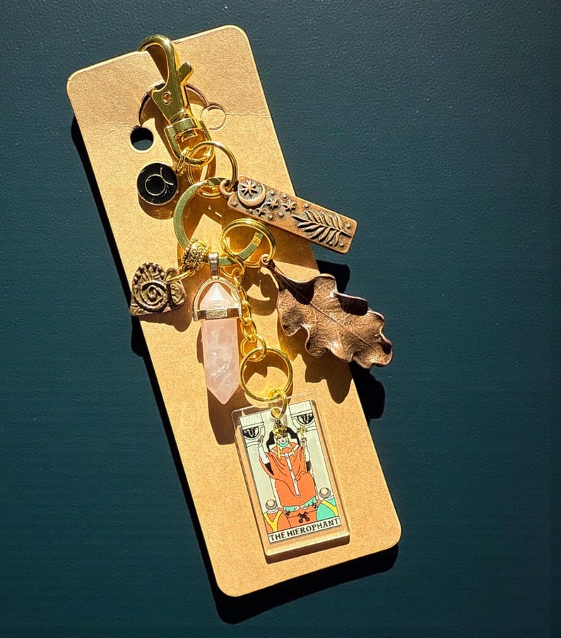 Taurus Zodiac Bag Charm: Rose Quartz Crystal, Oak Leaf, Heirophant ...