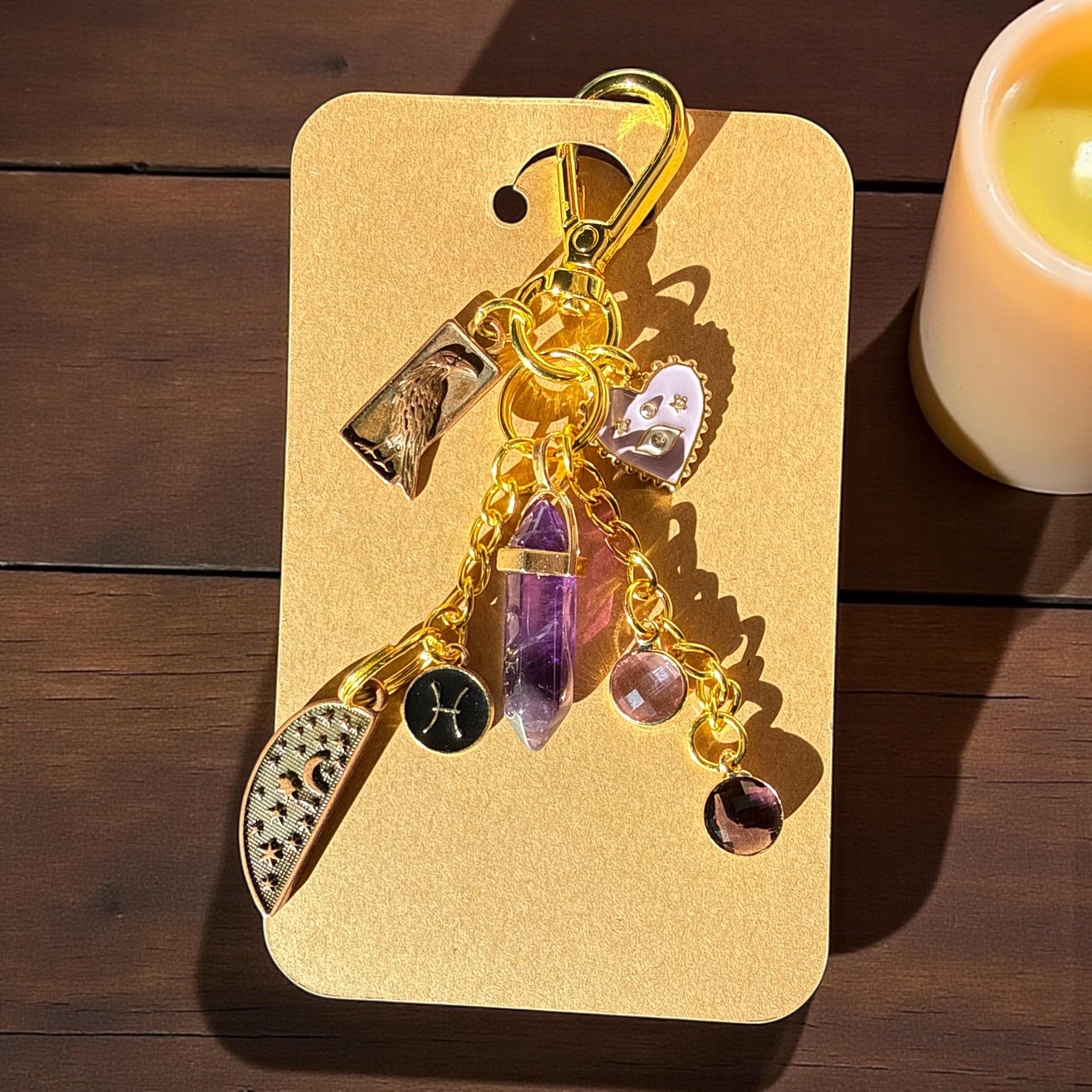 PISCES Amethyst Gothic Raven Moon Bag Charm, Pisces Crystal Zipper ...