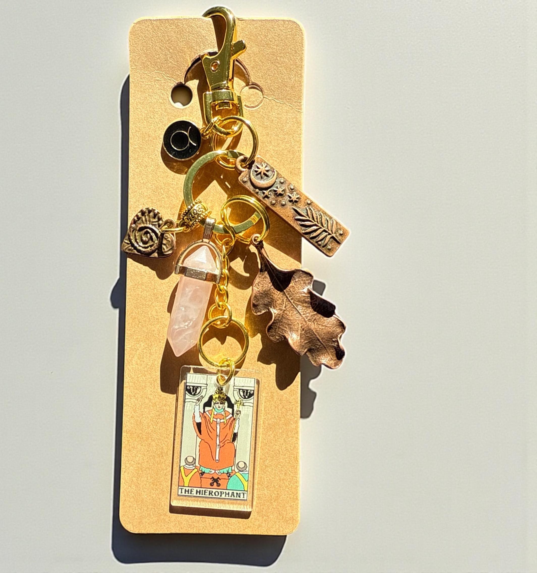 Taurus Zodiac Bag Charm: Rose Quartz Crystal, Oak Leaf, Heirophant ...