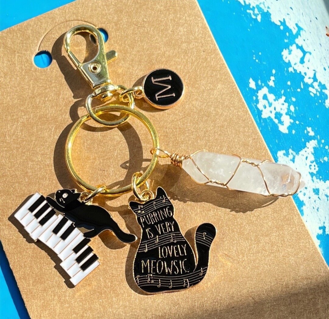 Personalized Initial Keychain, Cat Meowsic Enamel Key Ring Positive ...