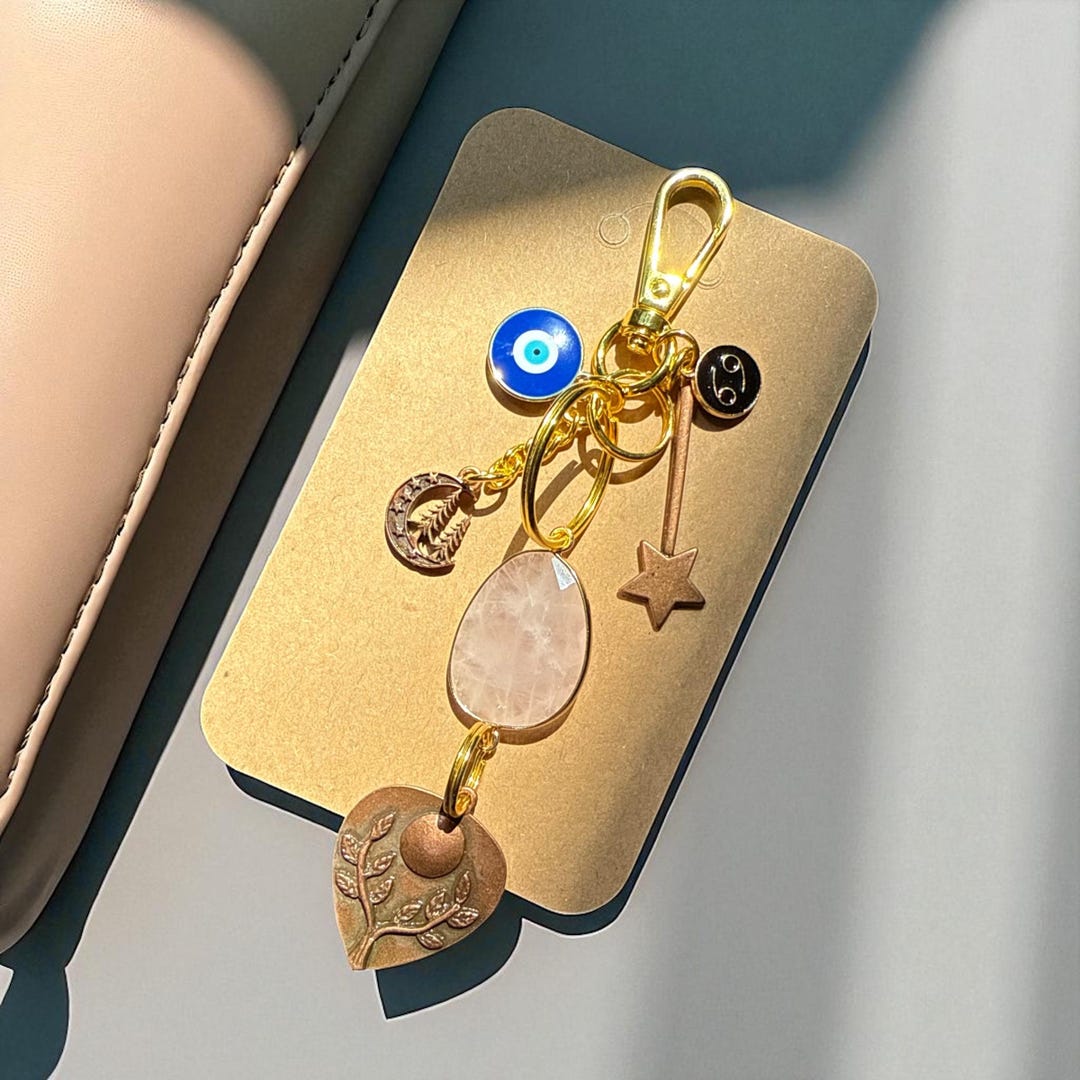 CANCER Sign Bag Charm: Natural Rose Quartz, Evil Eye Purse Charm ...
