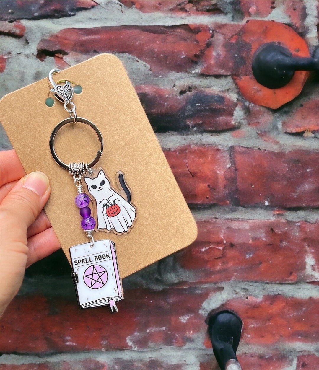 Halloween-inspired Spooky Kitty Cat Spell Book Beaded Keychain Key ...
