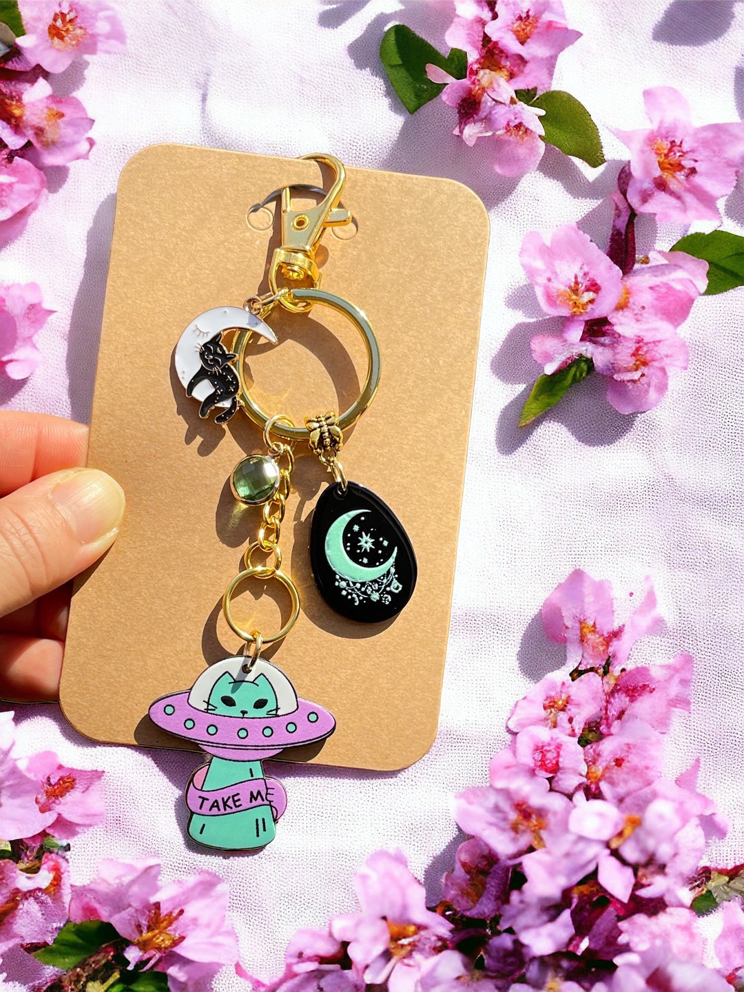 The UFO Obsessed Meow Keychain, Light Green Crystal Cat Moon Purse ...