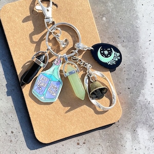 Witch Bell Protection Keychain, Aventurine, Obsidian, Crescent Moon ...