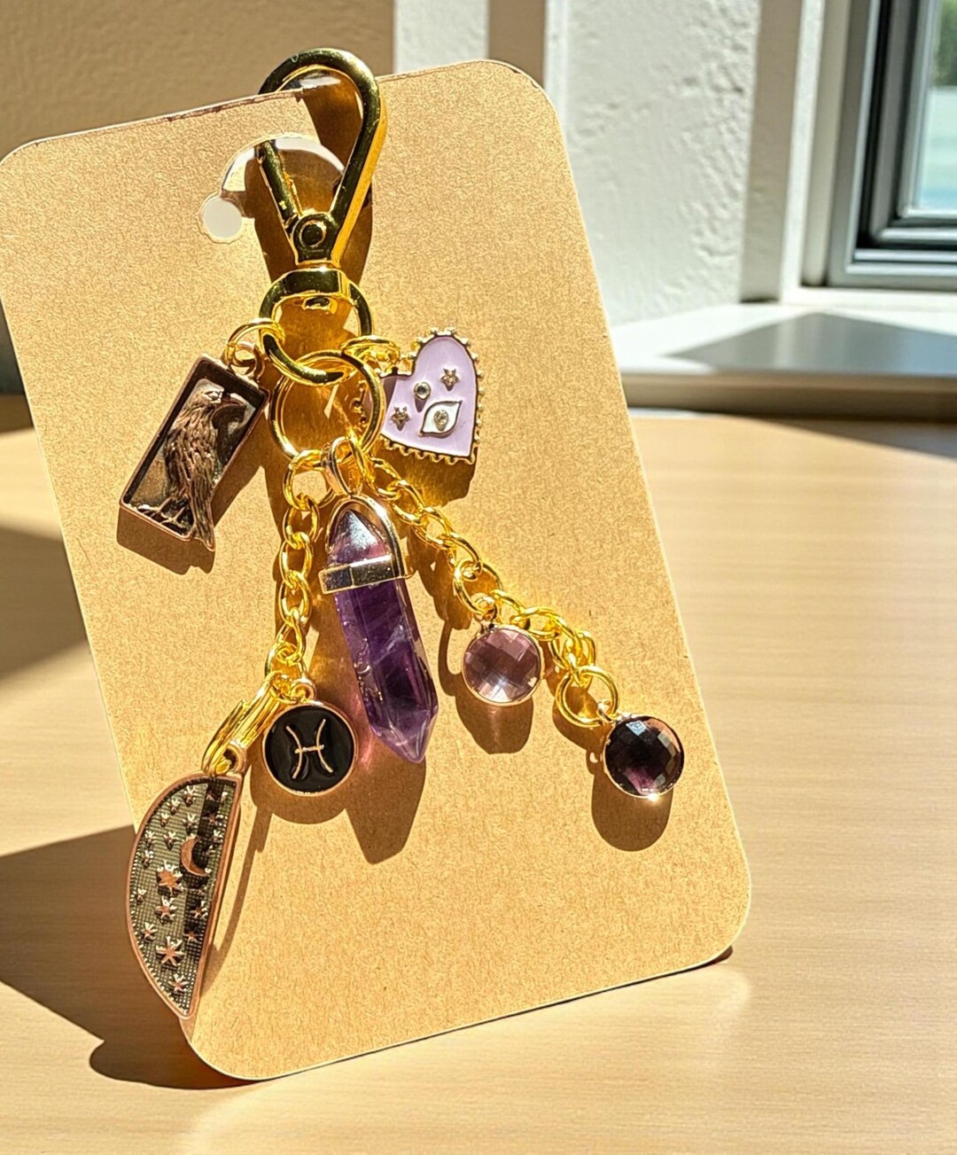 PISCES Amethyst Gothic Raven Moon Bag Charm, Pisces Crystal Zipper ...