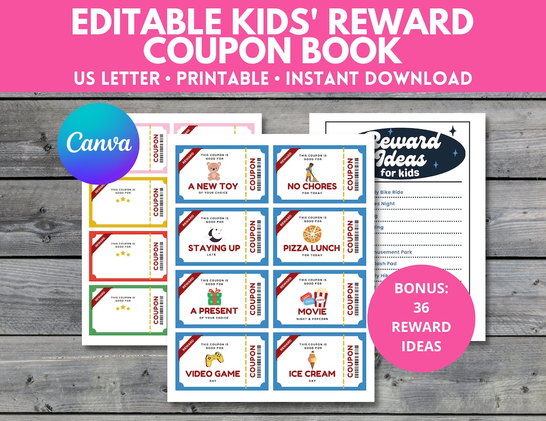 Editable Kids Reward Coupon Booklet, Printable Coupon Book for Kids ...
