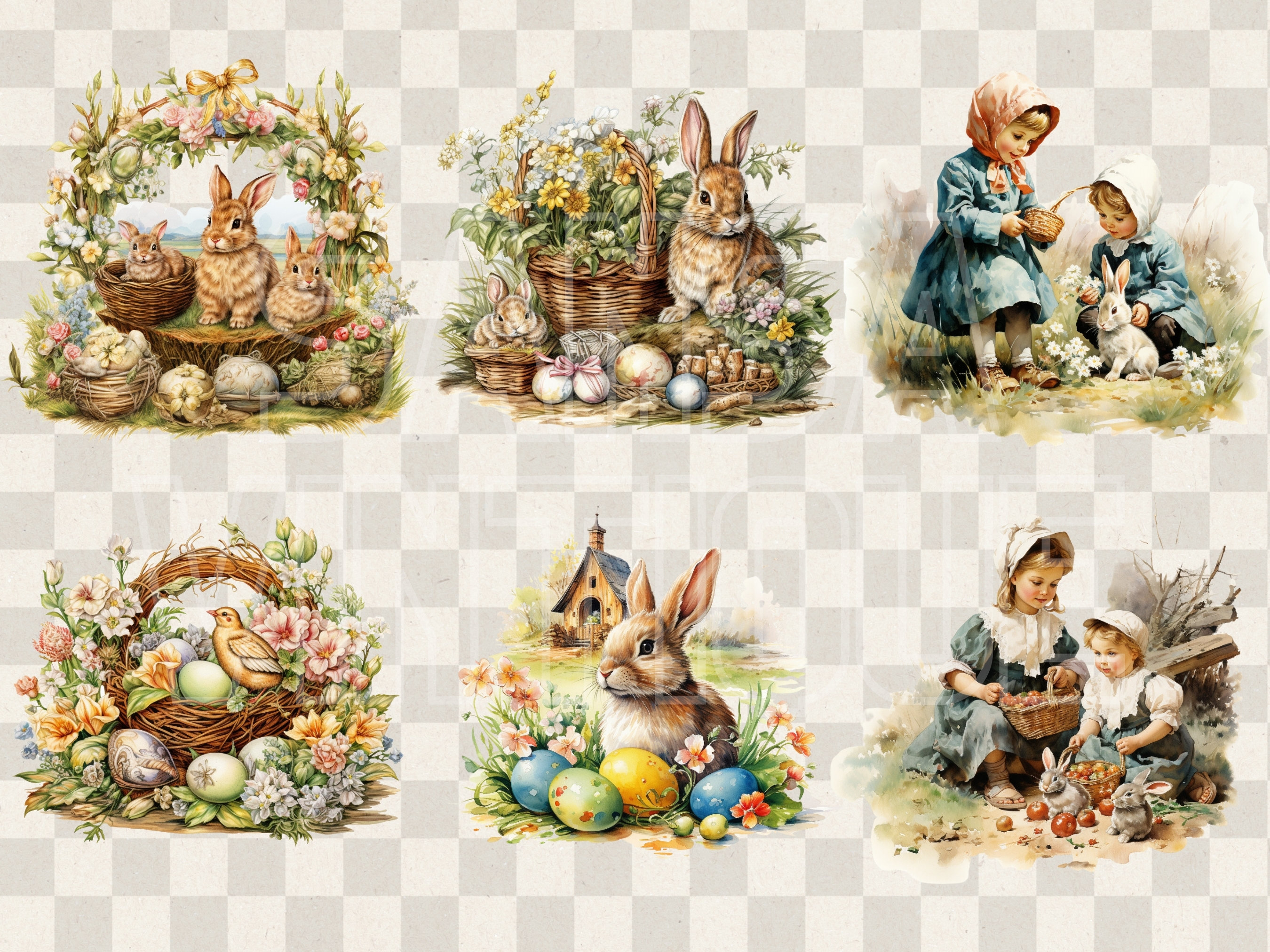 Vintage Easter Scene Watercolor Clipart, Easter Bunny and Egg Free ...