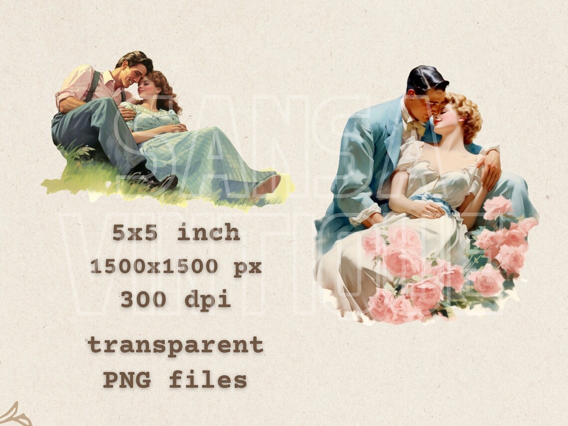 Vintage Floral Couple Watercolor Clipart, Retro Romance Free Commercial ...