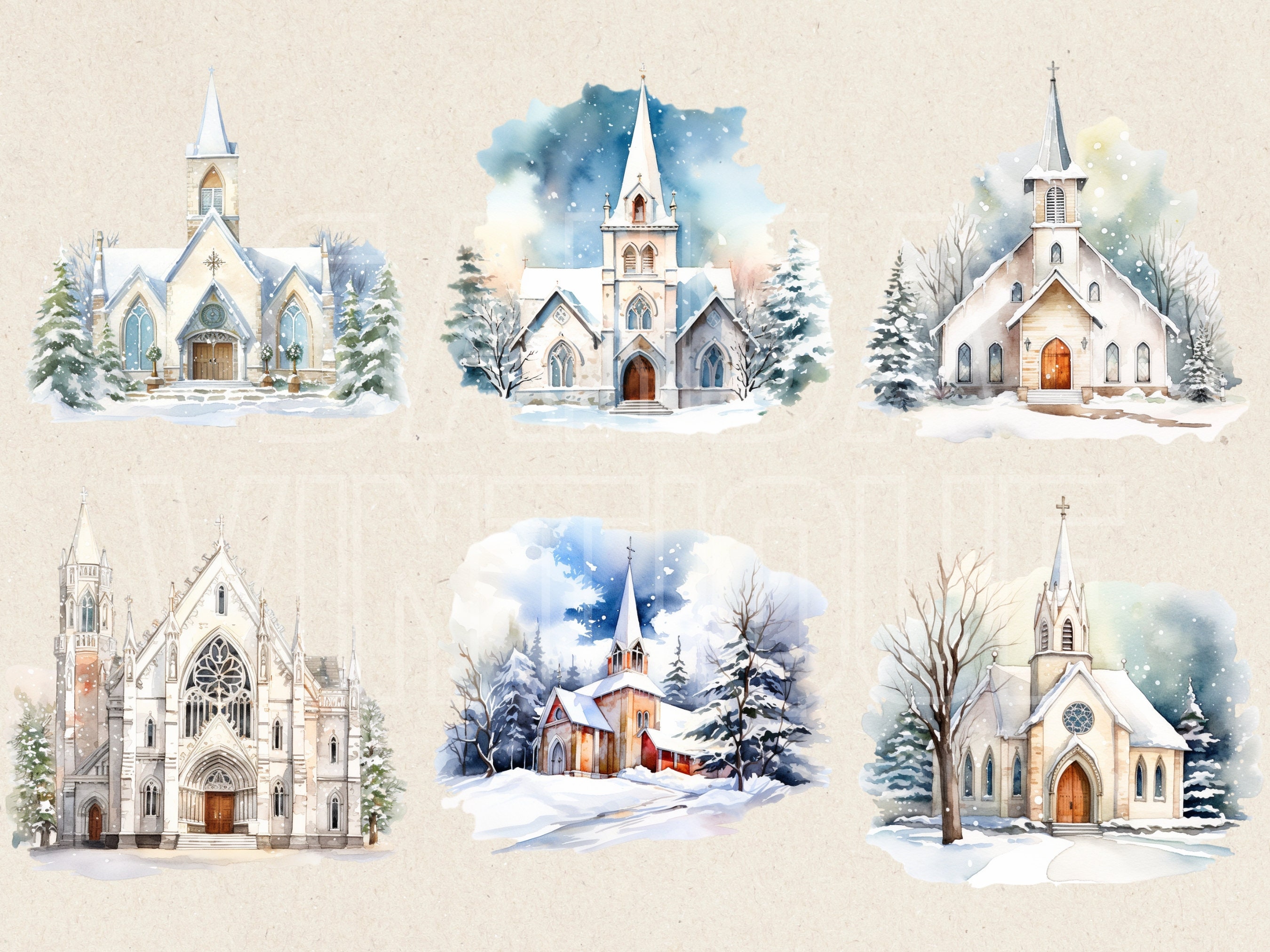 Christmas Chruch Watercolor Clipart, Winter Chapel Free Commercial PNG ...
