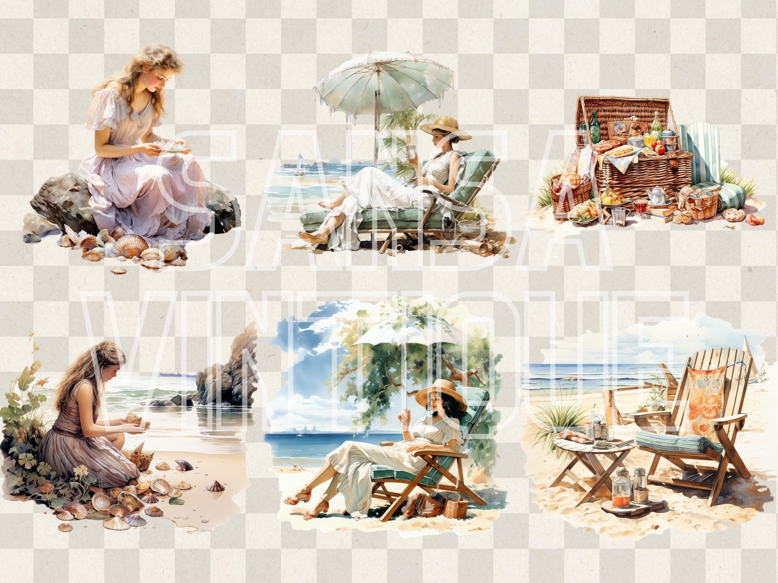 Vintage Beach Scene Watercolor Clipart Bundle, Seaside Relaxation Free ...