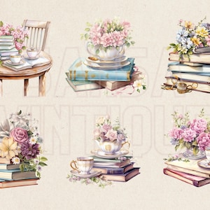 Vintage Book and Flower Watercolor Clipart, Retro Book and Tea Free ...