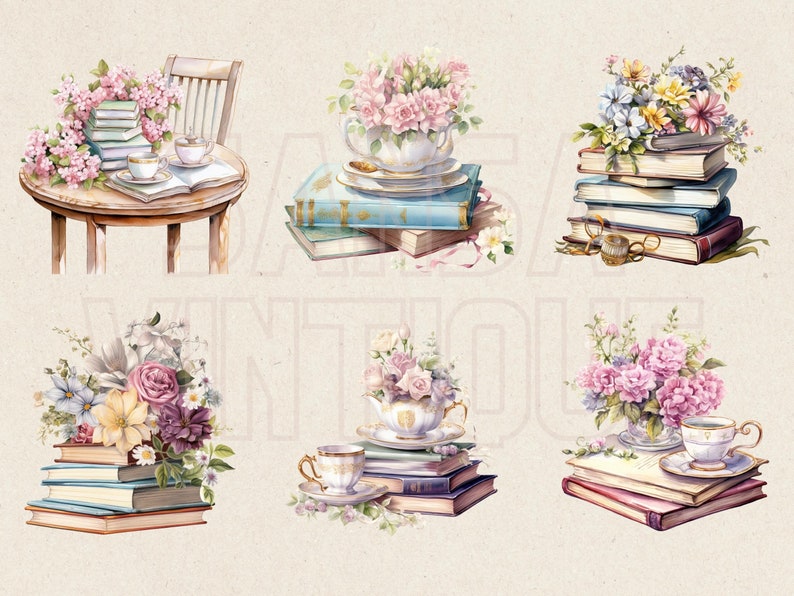 Vintage Book and Flower Watercolor Clipart, Retro Book and Tea Free ...