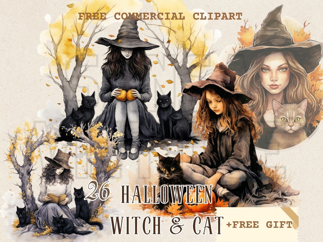 Halloween Witch and Black Cat Watercolor Clipart Bundle, Spooky ...