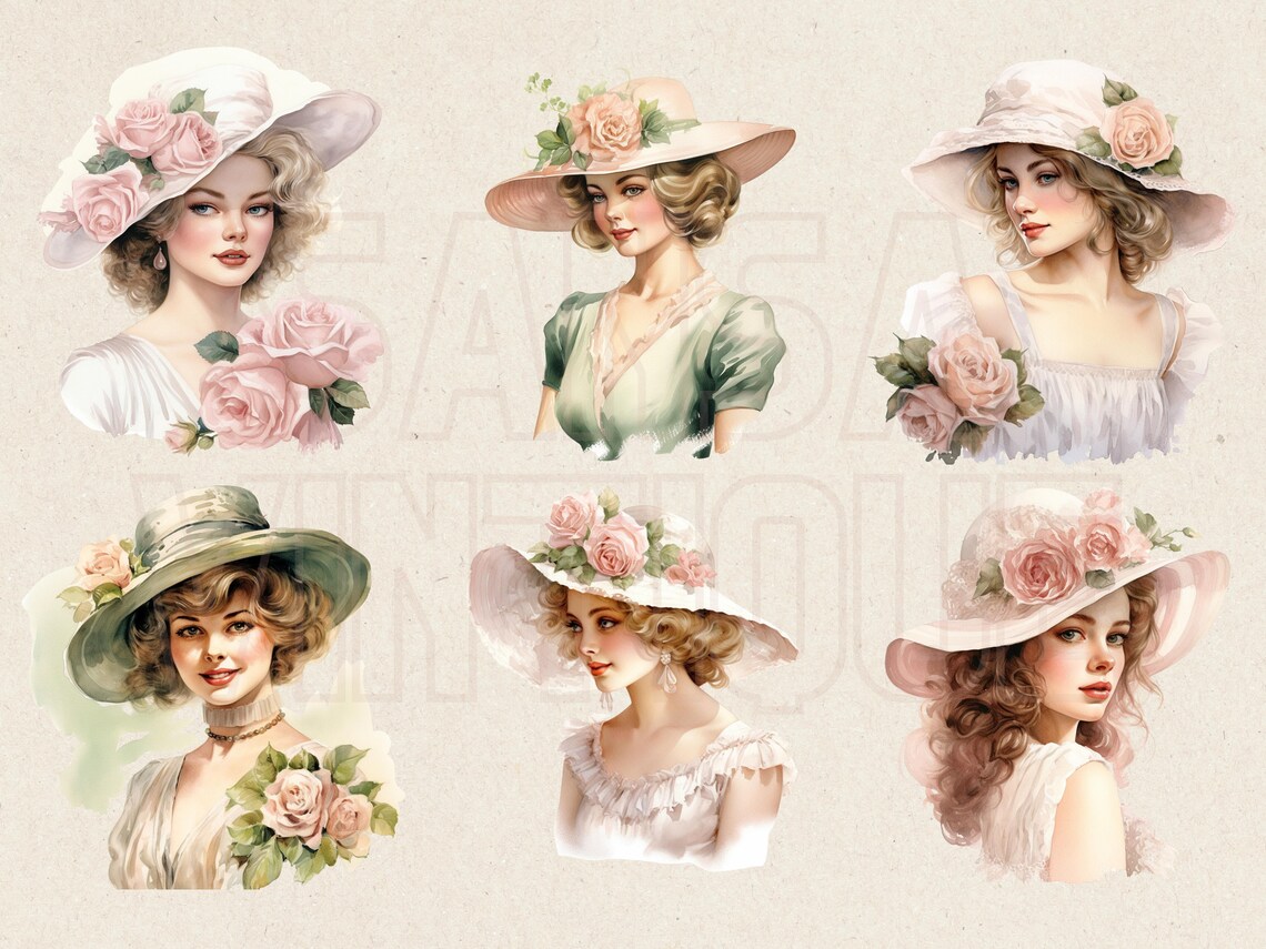 Vintage Lady Wearing Floral Hats Watercolor Clipart Set, Retro Woman ...