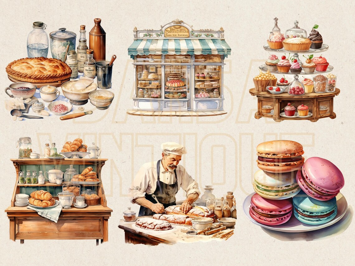 Vintage Bakery Shop Watercolor Clipart, Retro Pastry Chef Free ...