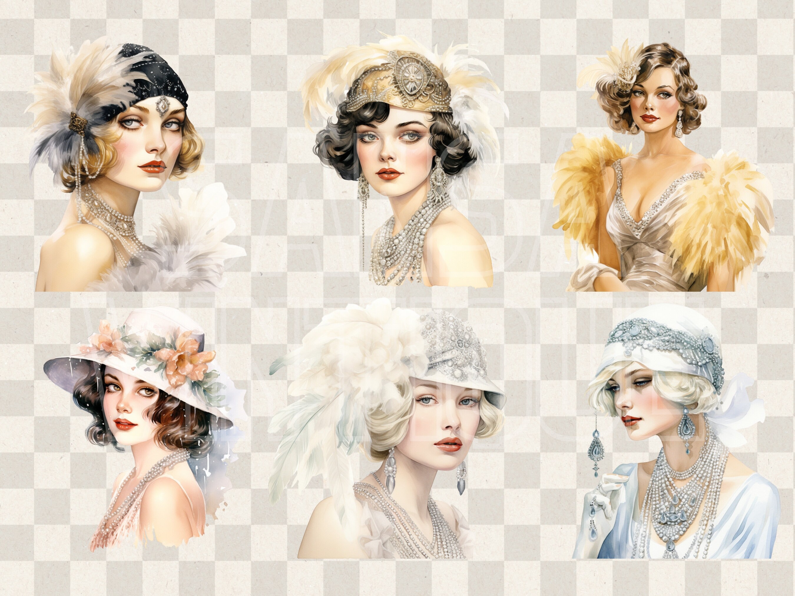 Retro Lady Watercolor Clipart, Gastby Woman Free Commercial PNG Set ...