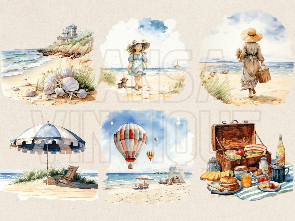 Vintage Beach Scene Watercolor Clipart Bundle, Retro Beach Day Free ...