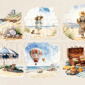 Vintage Beach Scene Watercolor Clipart Bundle, Retro Beach Day Free ...
