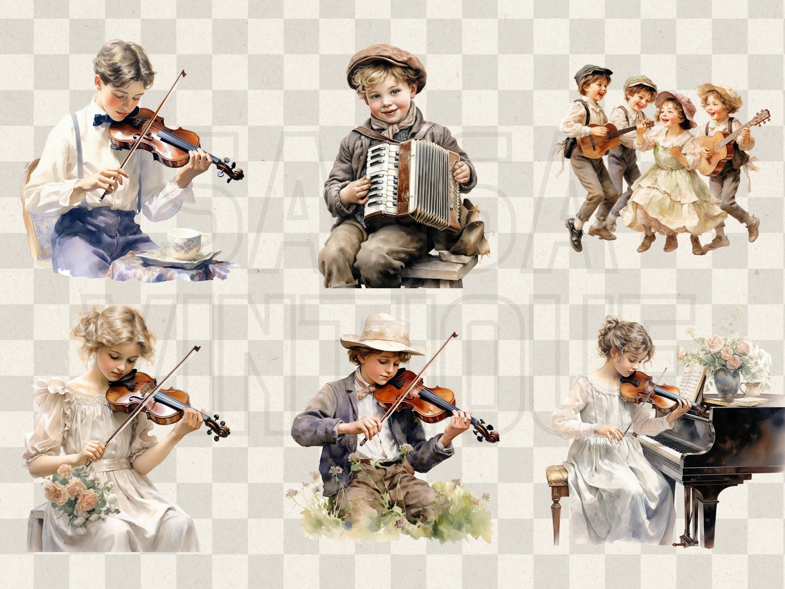 Victorian Kids Playing Musical Instrument Watercolor Clipart, Children ...