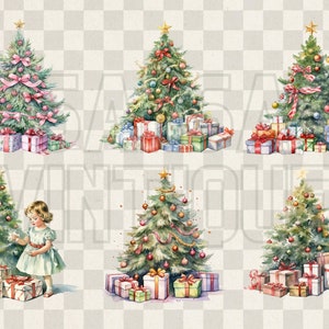 Vintage Christmas Tree Watercolor Clipart, Lady Decorating Christmas ...