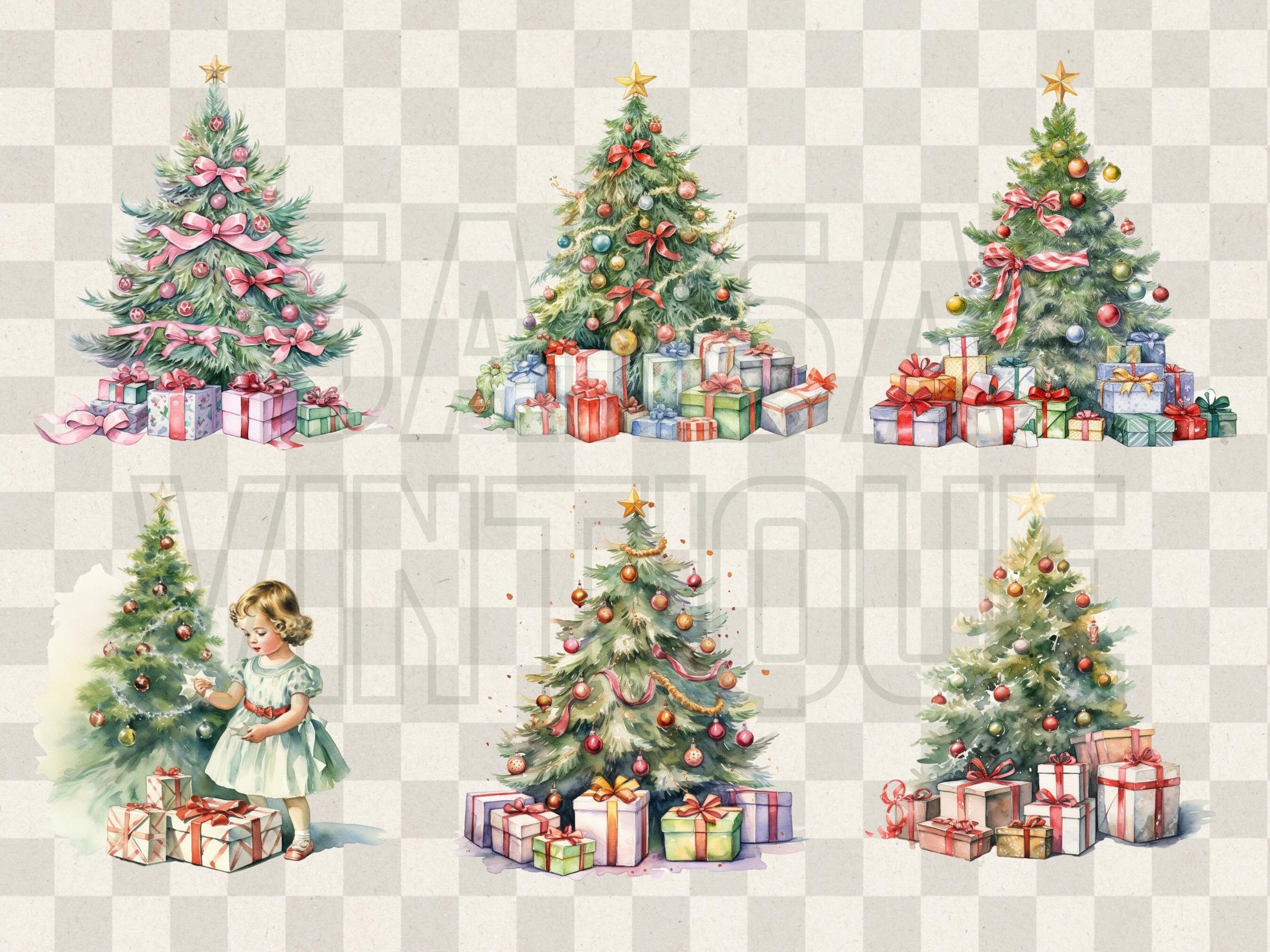 Vintage Christmas Tree Watercolor Clipart, Lady Decorating Christmas ...