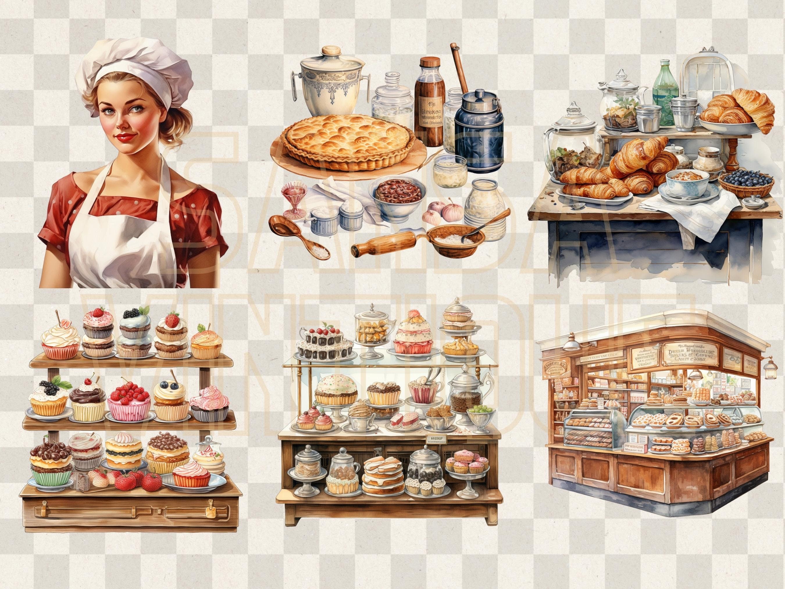 Vintage Bakery Shop Watercolor Clipart, Retro Pastry Chef Free Commercial PNG, Baking Ingredient ...