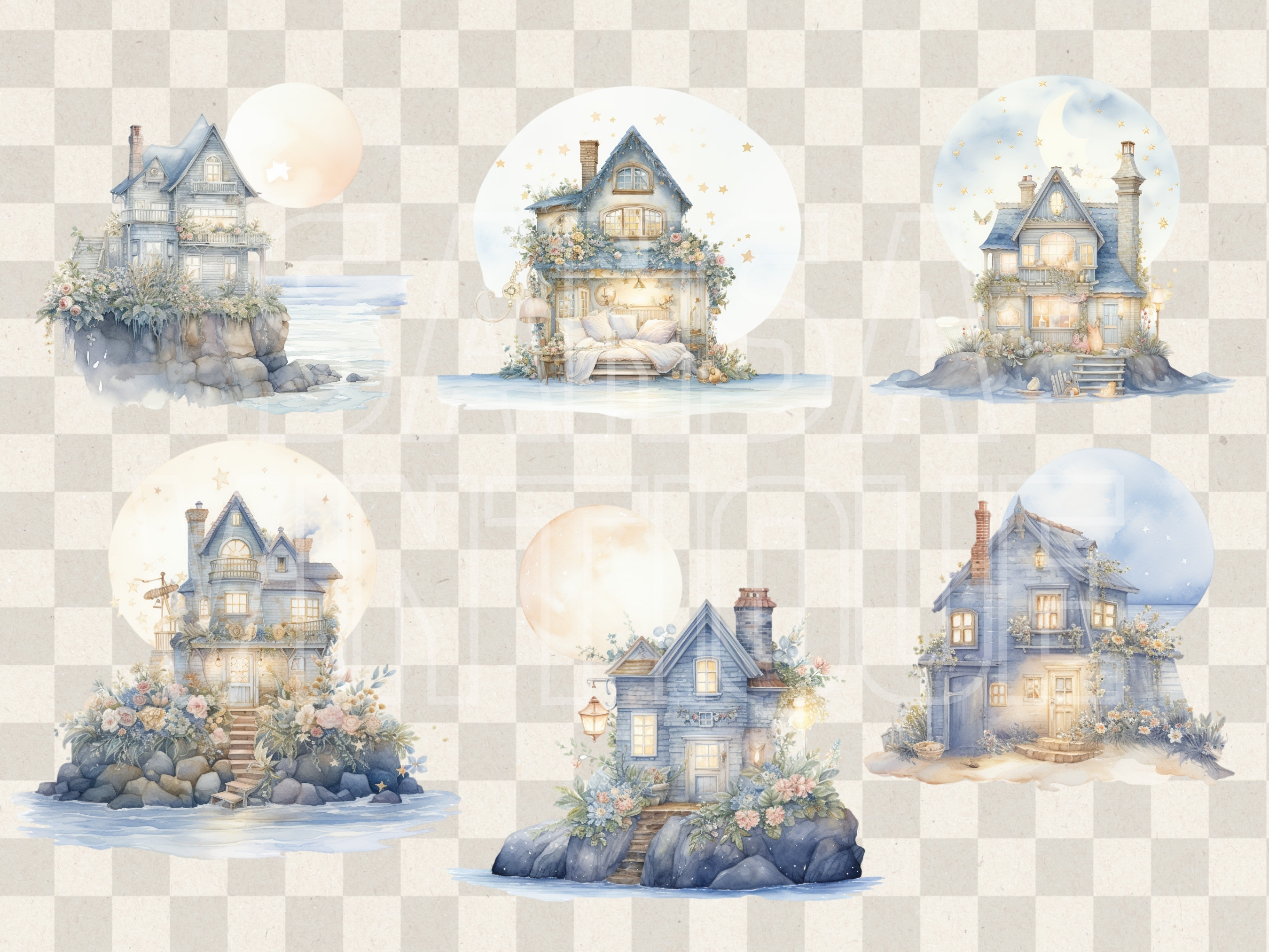 Fantasy Beach House Watercolor Clipart, Dreamy Cottage Under Moon Free ...