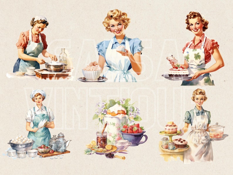 Retro Pastry Lady Watercolor Clipart Set, Vintage Woman Baking Free ...