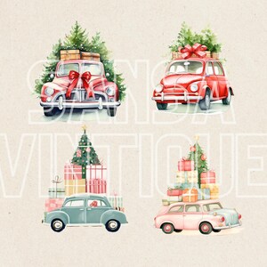 Christmas Car Watercolor Clipart, Vintage Car Carrying Festive Present ...