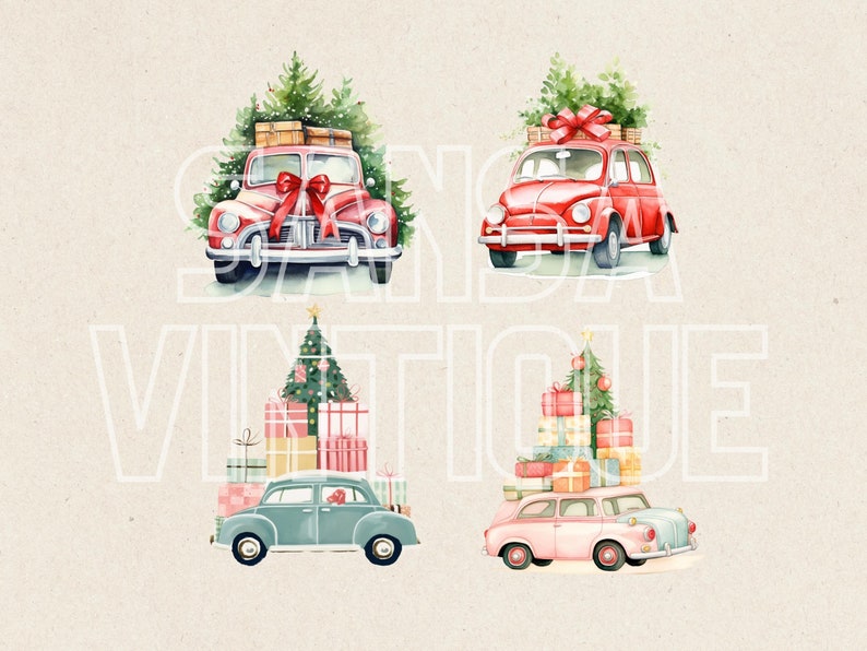 Christmas Car Watercolor Clipart, Vintage Car Carrying Festive Present ...