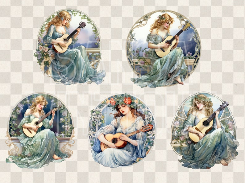 Vintage Lady and Guitar Watercolor Clipart, Retro Playing Music Free ...