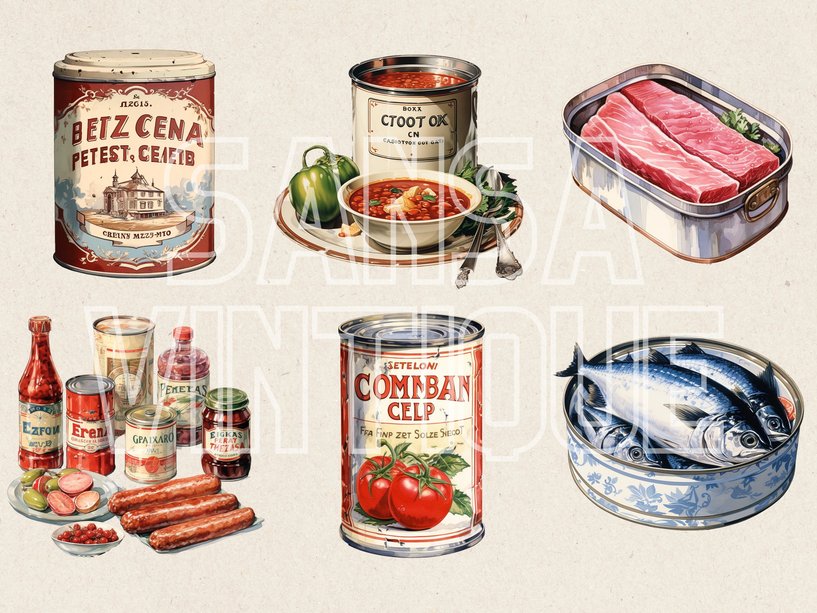 Retro Canned Food Watercolor Clipart Set, Vintage Food Free Commercial ...