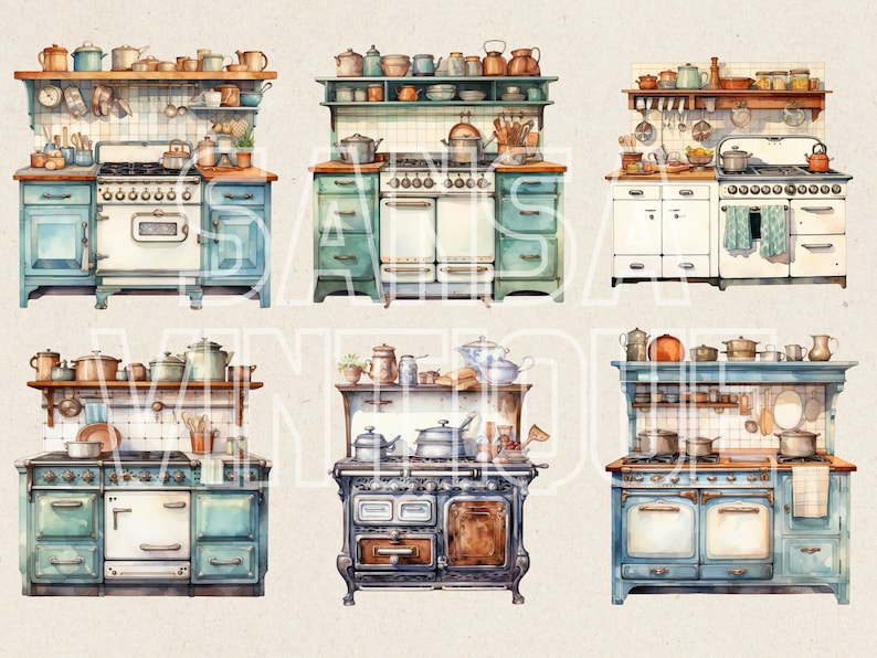 Retro Kitchen Watercolor Clipart Set, Nostalgic Cooking Free Commercial ...