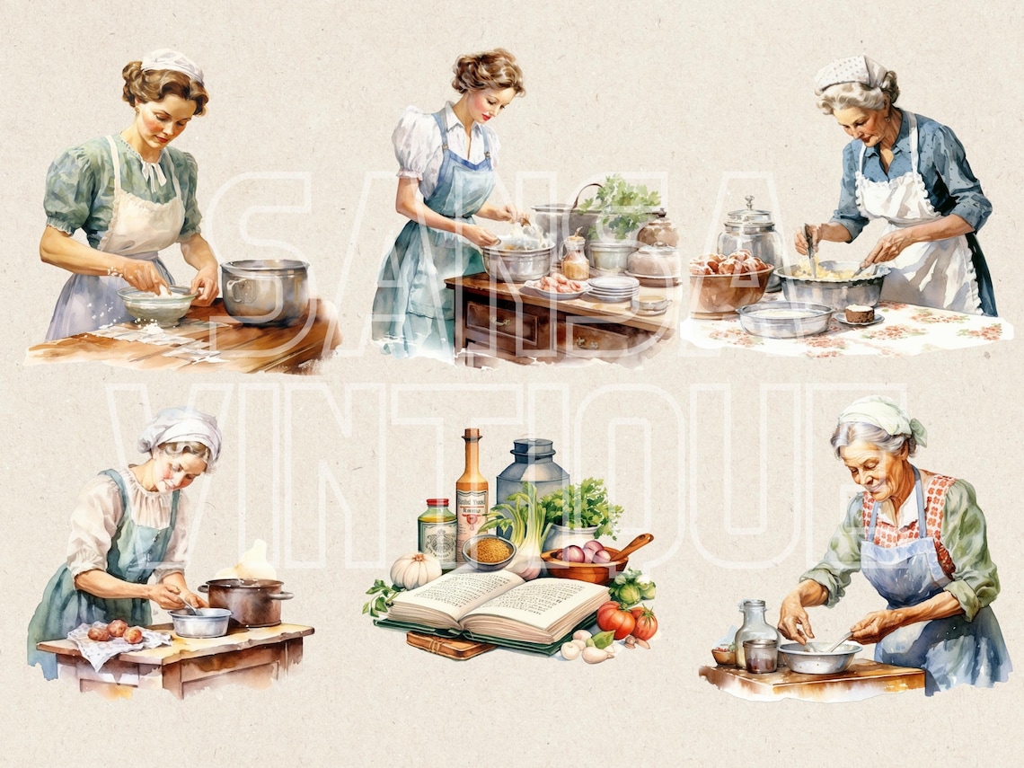 Vintage Woman Cooking Watercolor Clipart Set, Retro Culinary Lady Free ...