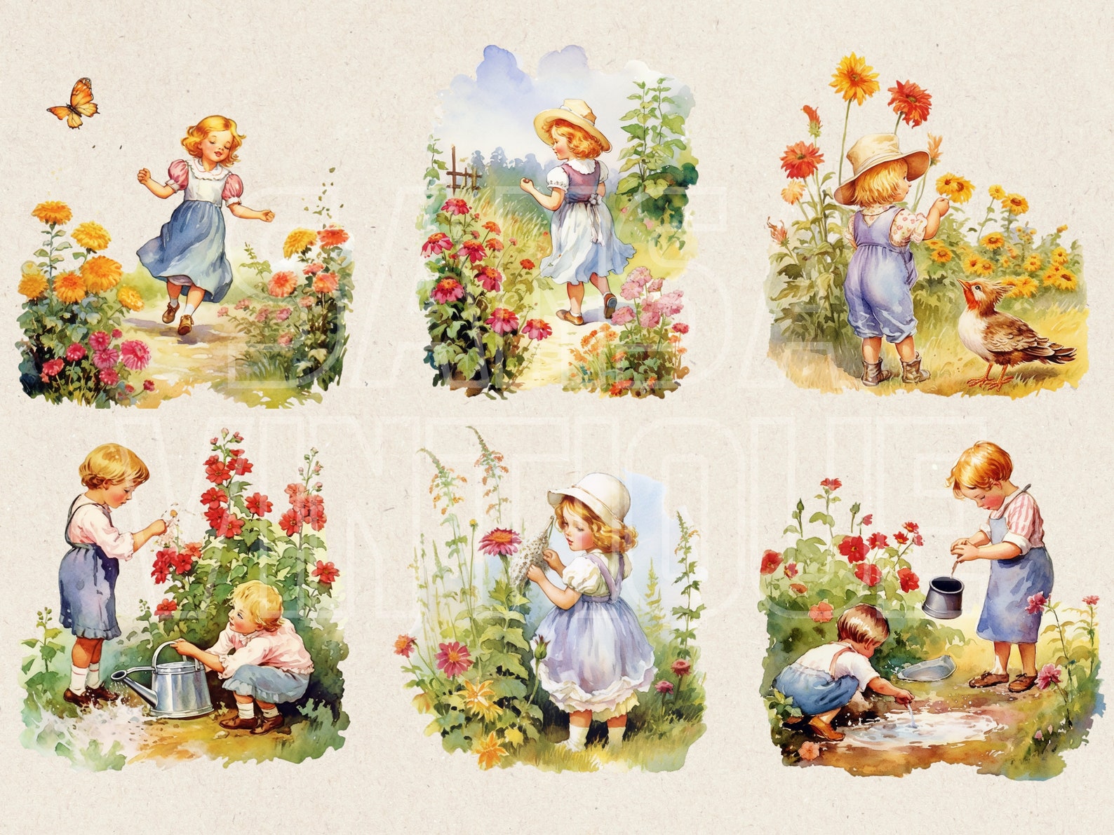 Vintage Kids and Flower Watercolor Clipart, Vintage Countryside ...
