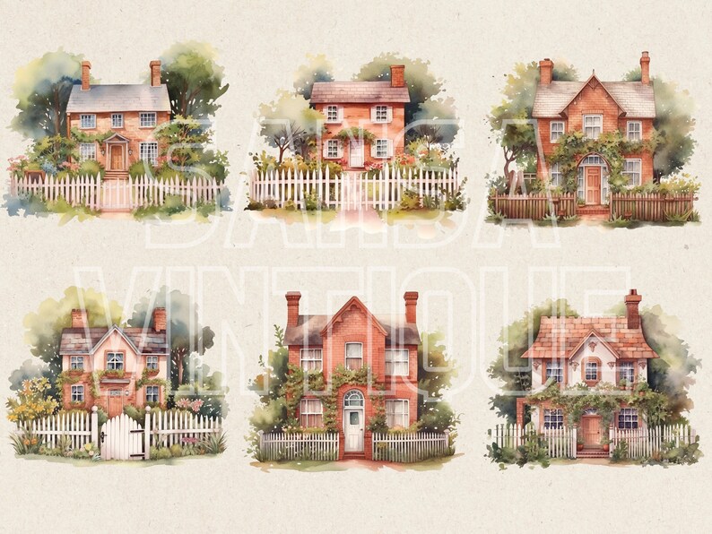 Vintage Countryside Red Brick House Watercolor Clipart, English ...