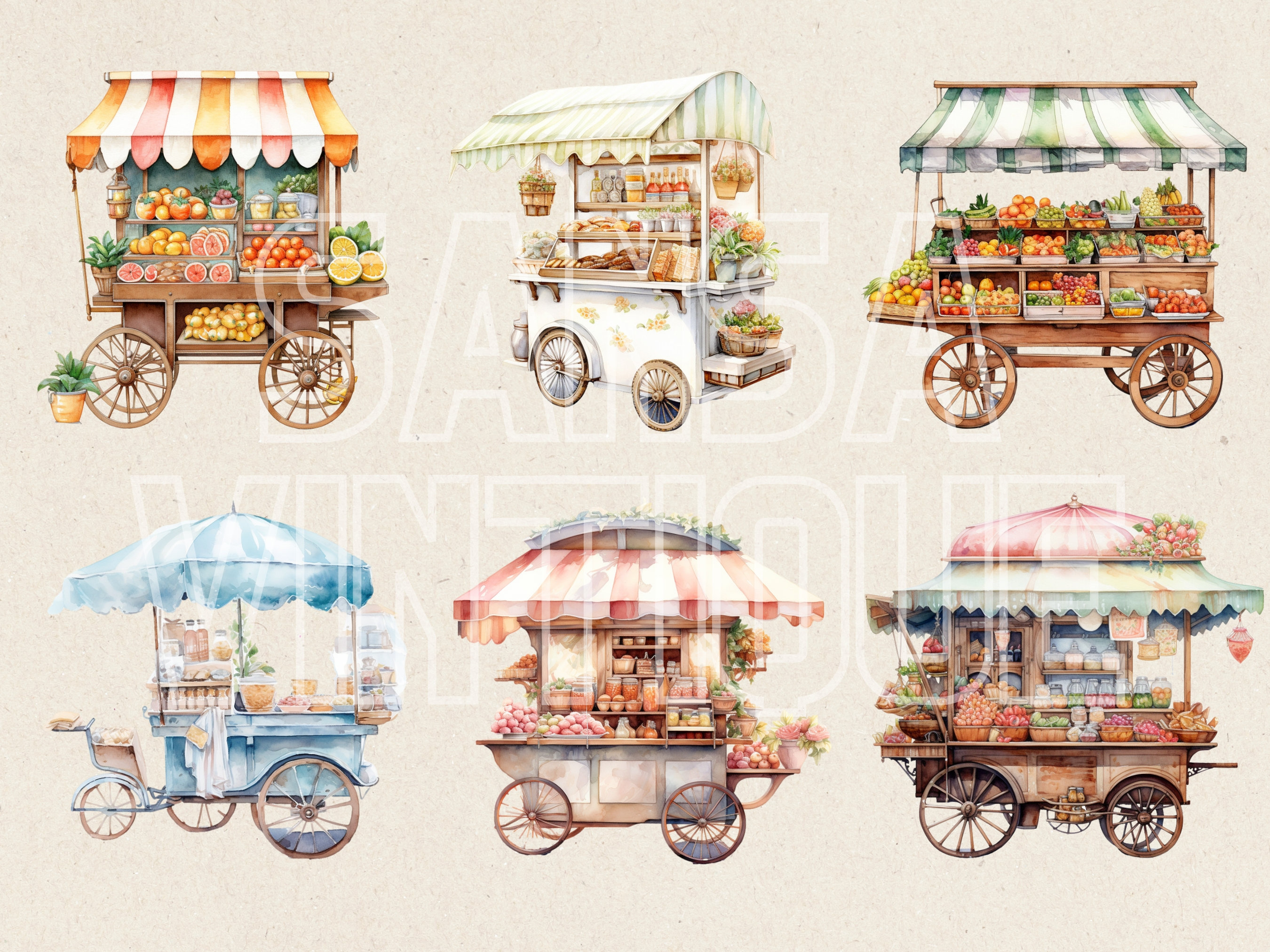 Vintage Vendor Cart Watercolor Clipart, Classic Market Stall Free ...