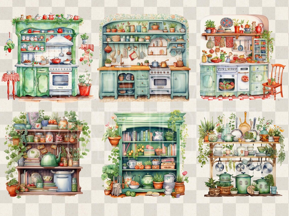 Retro Kitchen Watercolor Clipart Set, Vintage Cooking Free Commercial ...