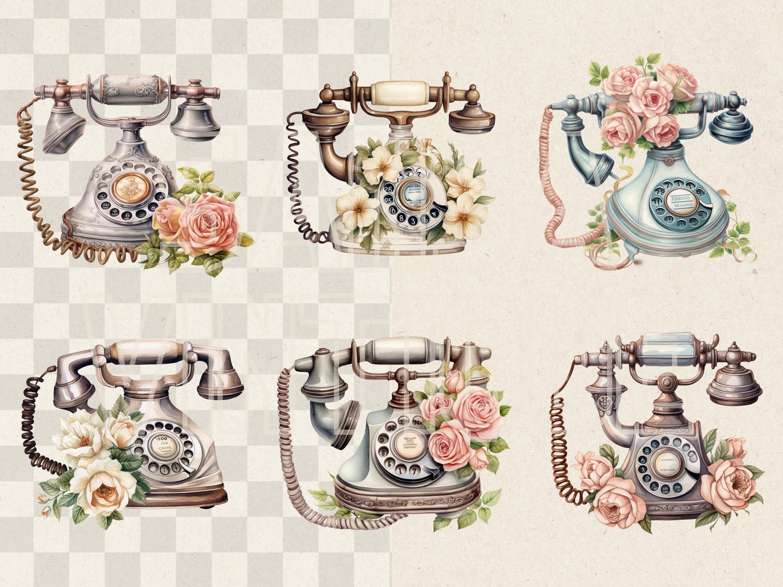 Vintage Floral Telephone Watercolor Clipart, Retro Flower Phone Free ...
