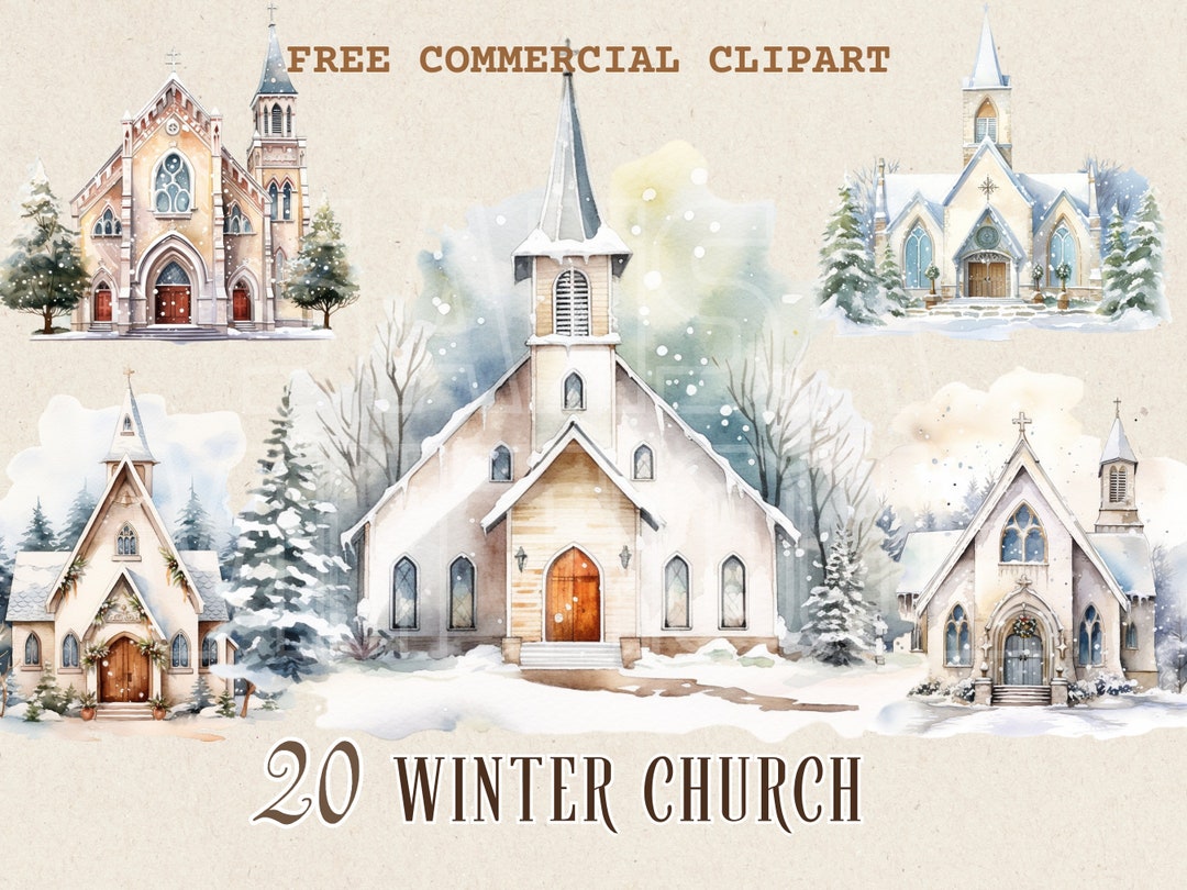 Christmas Chruch Watercolor Clipart, Winter Chapel Free Commercial PNG ...