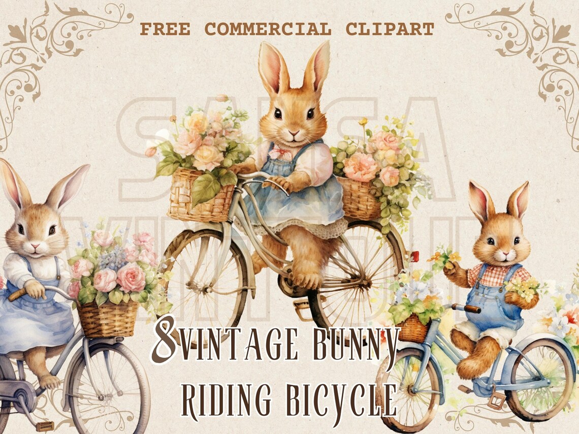 Retro Rabbit on Bicycle Watercolor Clipart, Classic Bunny Riding Bike ...