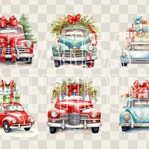 Christmas Car Watercolor Clipart, Vintage Car Carrying Festive Present ...