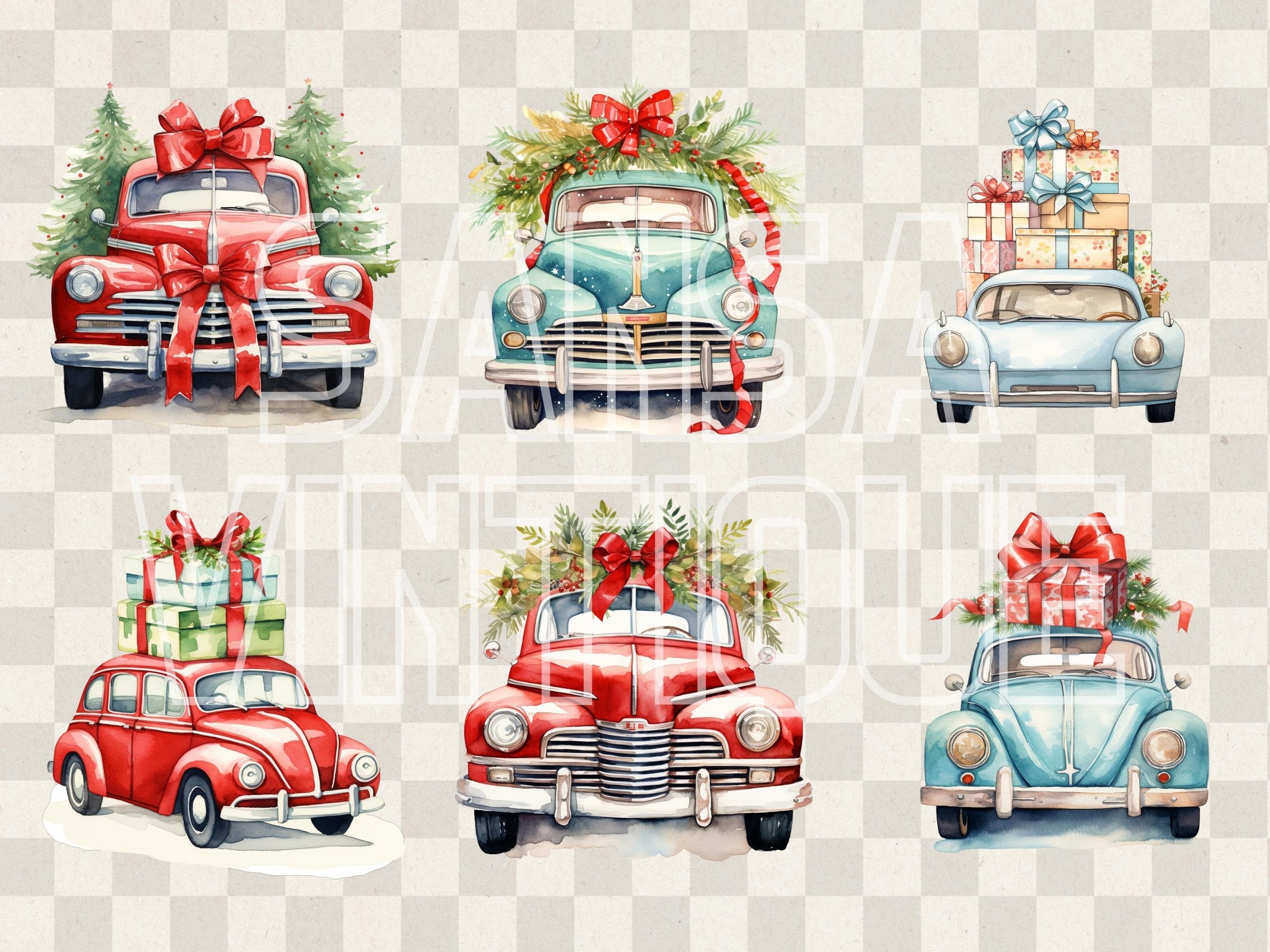 Christmas Car Watercolor Clipart, Vintage Car Carrying Festive Present ...
