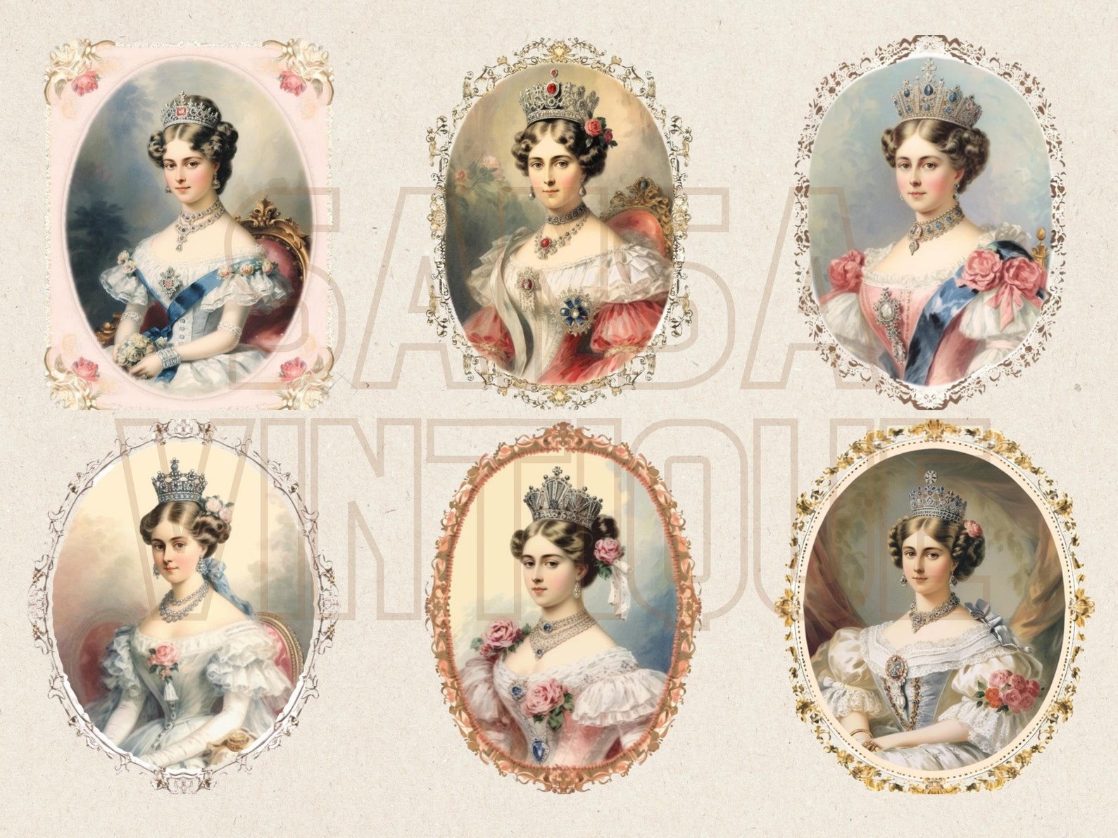Royalty Portrait With Ornate Frame Watercolor Clipart Bundle, Vintage ...